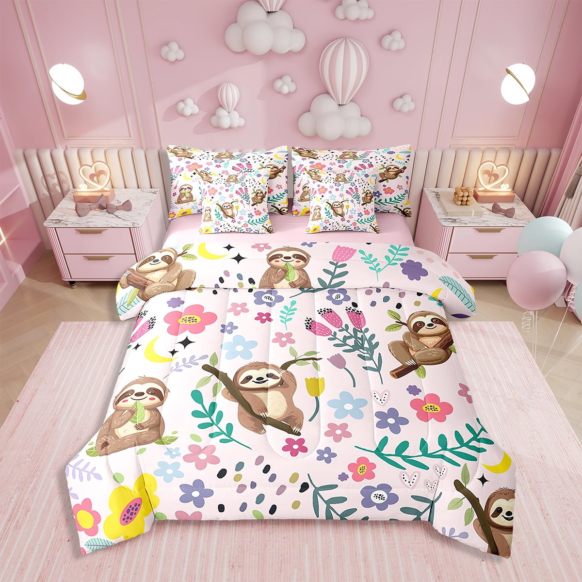 7 Pieces Bed in a Bag Full Comforter Set with Sheets,Floral Sloth ...