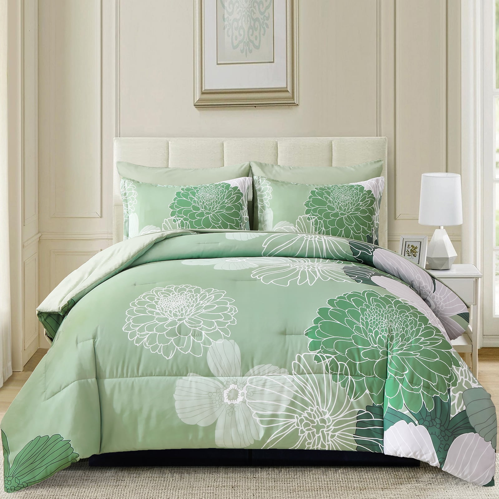 7 Pieces Bed in a Bag Green Comforter Set Queen Floral Comforter Soft ...