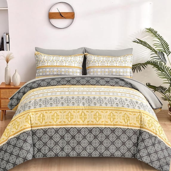 7 Pieces Bed in a Bag Bohemian Striped Comforter Set Queen Size Yellow ...
