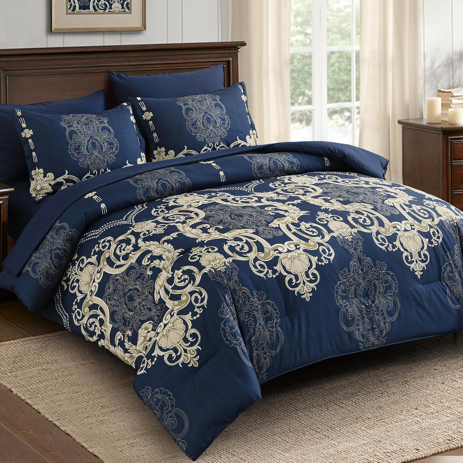 7 Pieces Blue Gold Comforter Set King Size, Damask Bed in a Bag for ...