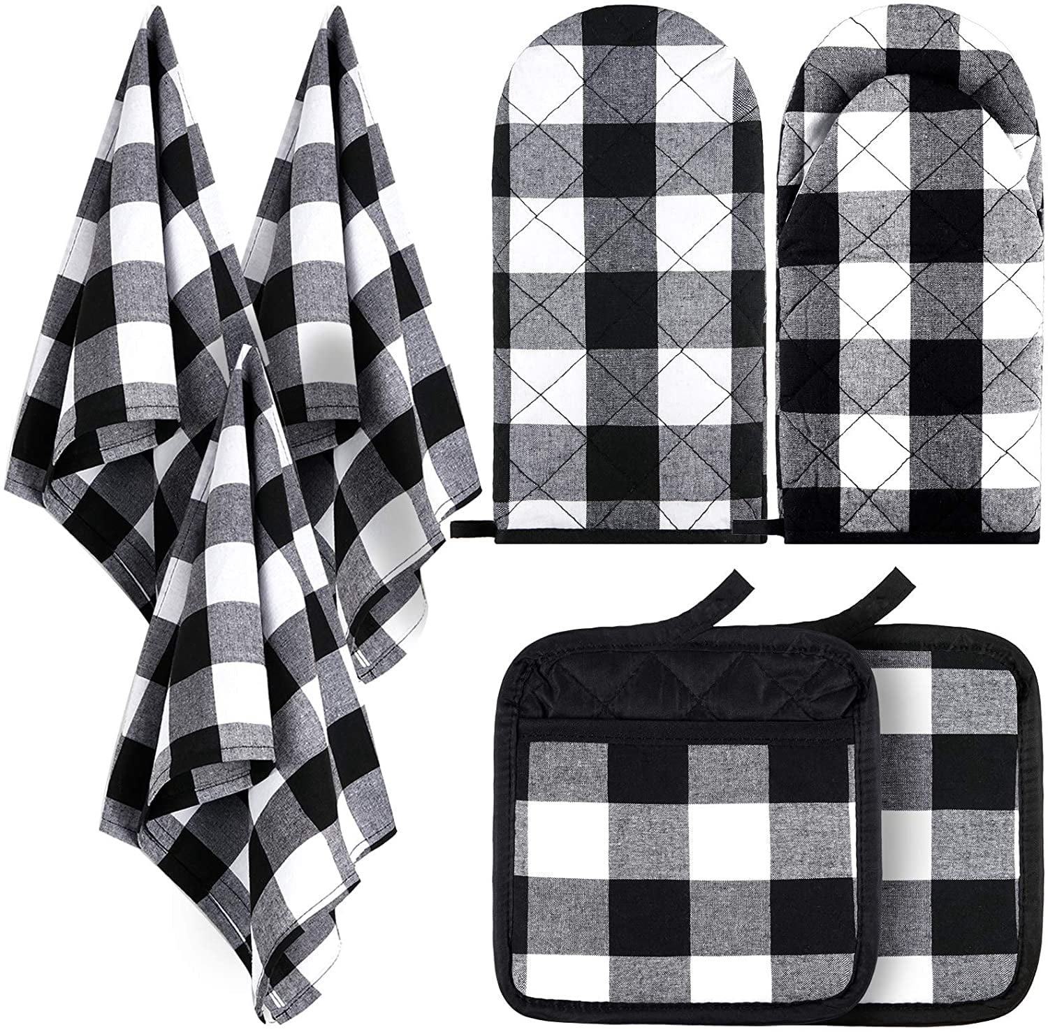 7 Pieces Buffalo Check Dish Towels Pot Holders Oven Mitts Set Cotton ...