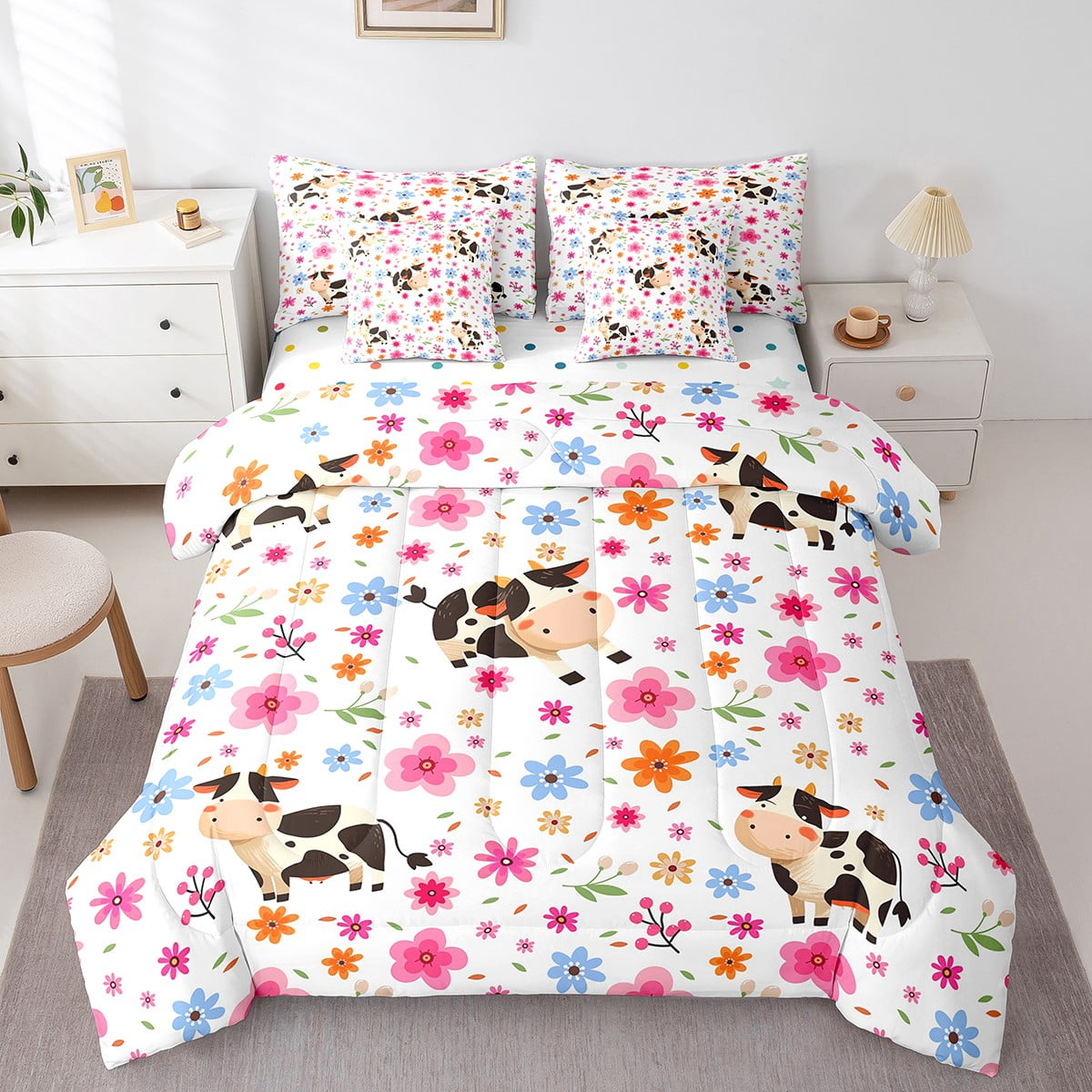 7 Pieces Cartoon Cow Queen Size Comforter Set Chic Floral Bedding ...