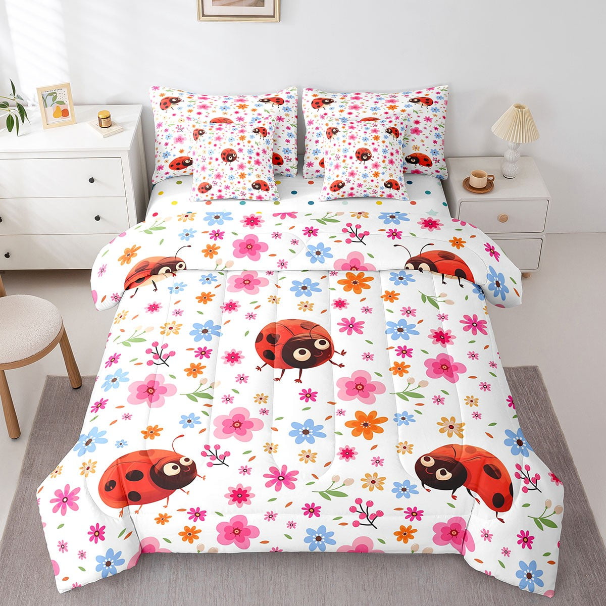 7 Pieces Cartoon Ladybug Queen Size Comforter Set Chic Floral Bedding ...