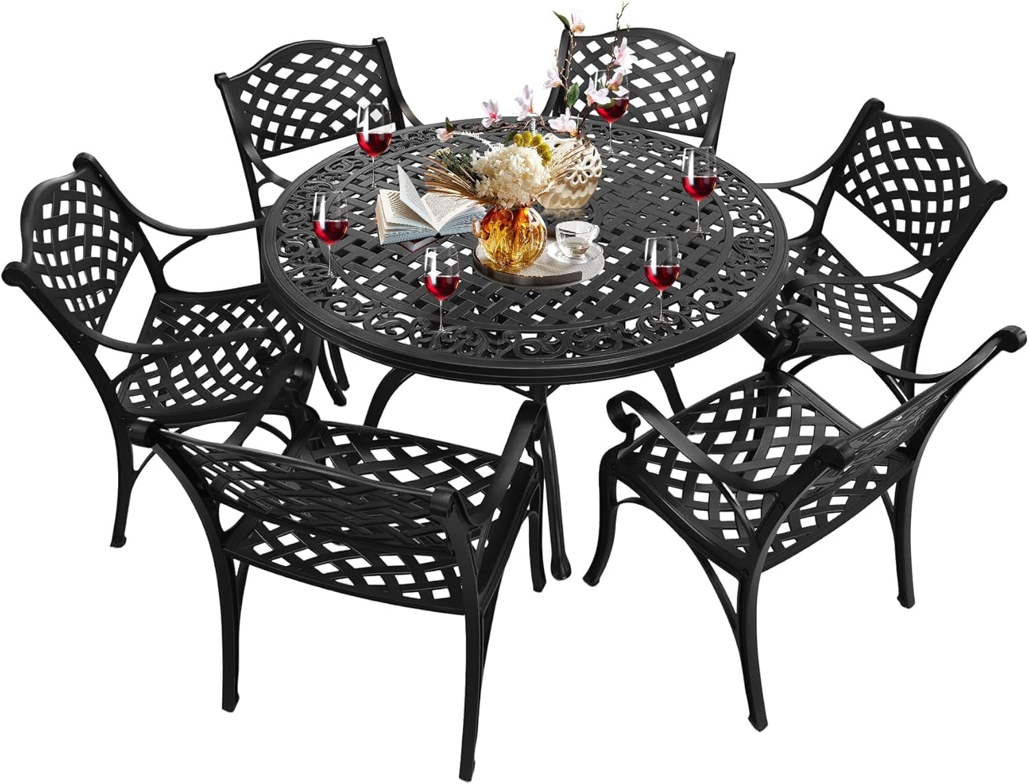 7 Pieces Cast Aluminium Patio Dining Set for 6 Person,Round 48" Patio ...