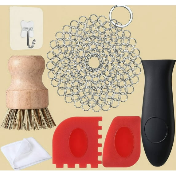 7 Pieces Cast Iron Cleaner Set Include Stainless Steel Chainmail ...