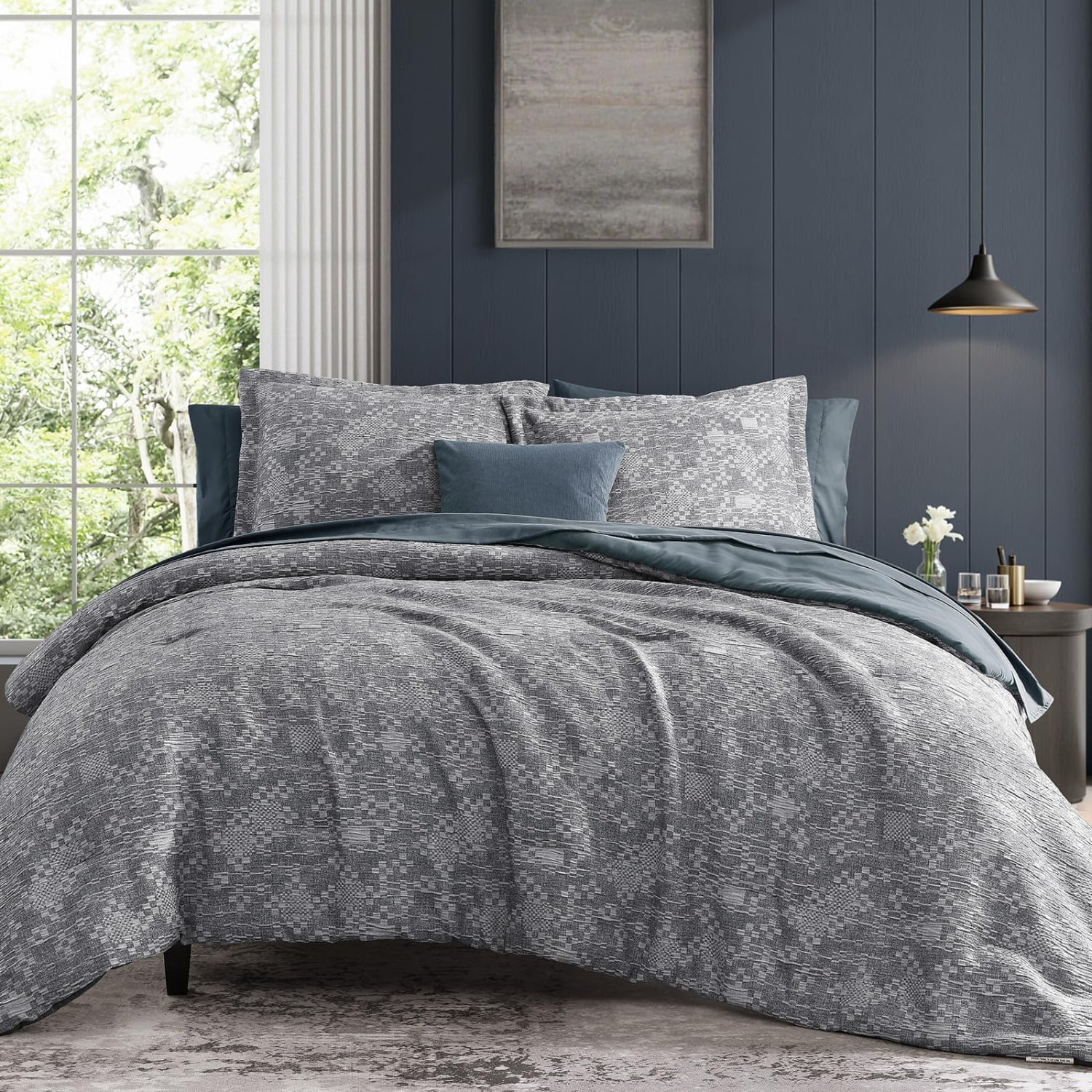 7 Pieces Charcoal Grey King Comforter Set ，Textured Design Grey Crinkle ...