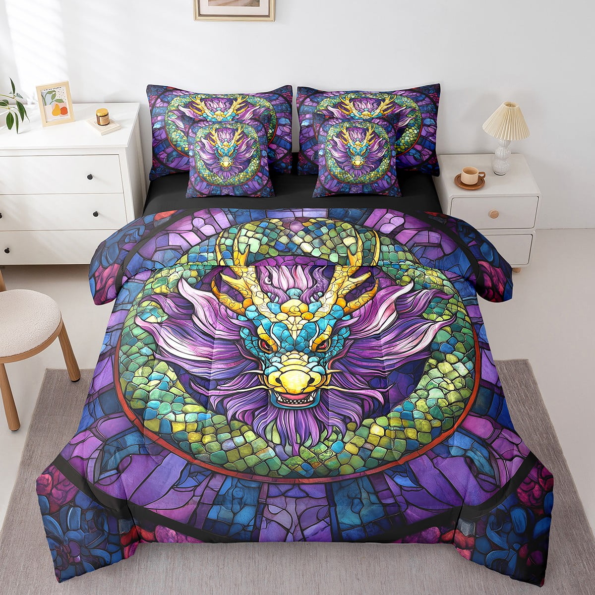 7 Pieces Chinese Dragon Comforter King,Dragon Scale Western Animals ...