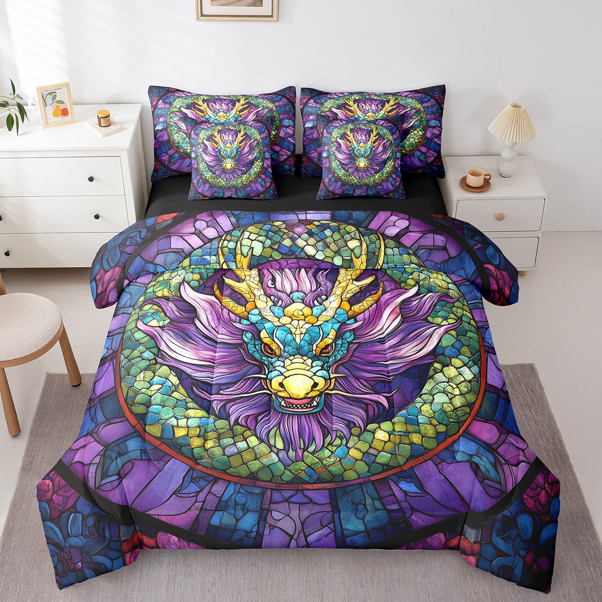 7 Pieces Chinese Dragon Comforter Twin,Dragon Scale Western Animals ...