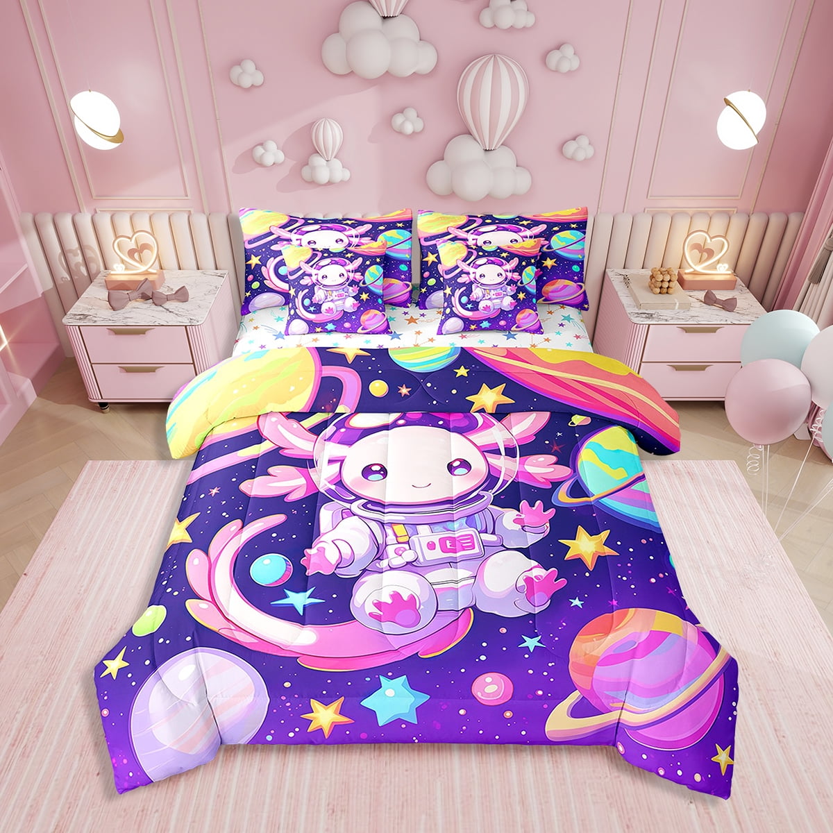 7 Pieces Cute Axolotl Comforter Full,Starry Sky Galaxy Planet Outer ...