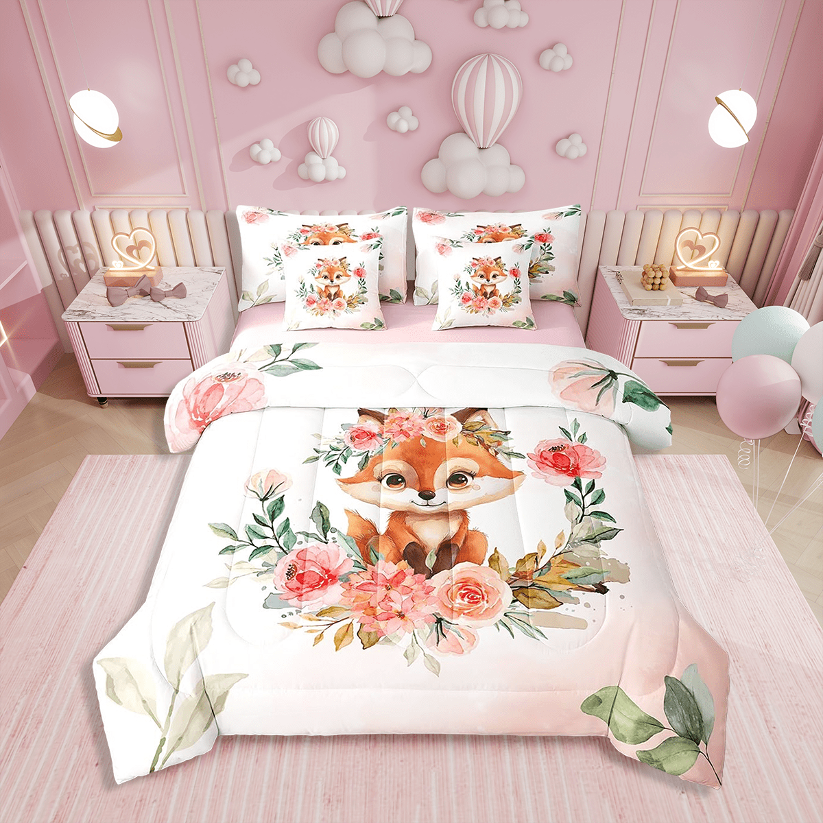 7 Pieces Cute Fox Comforter Set Twin,Watercolor Floral Bed Set,Cartoon ...