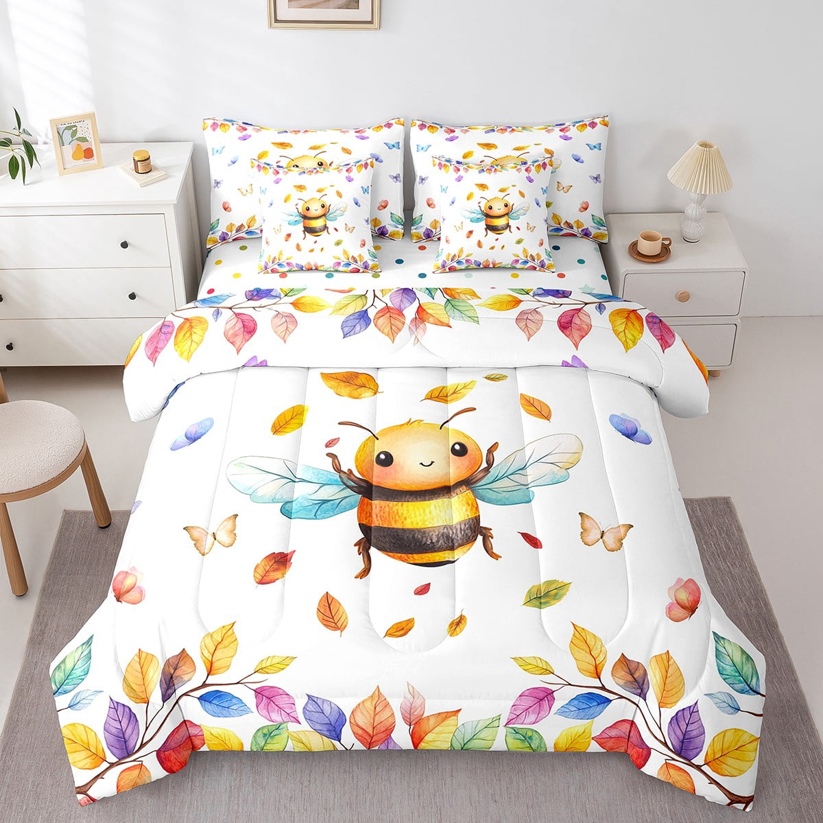 7 Pieces Cute Honey Bee Queen Size Comforter Set Kawaii Animal Bedding ...