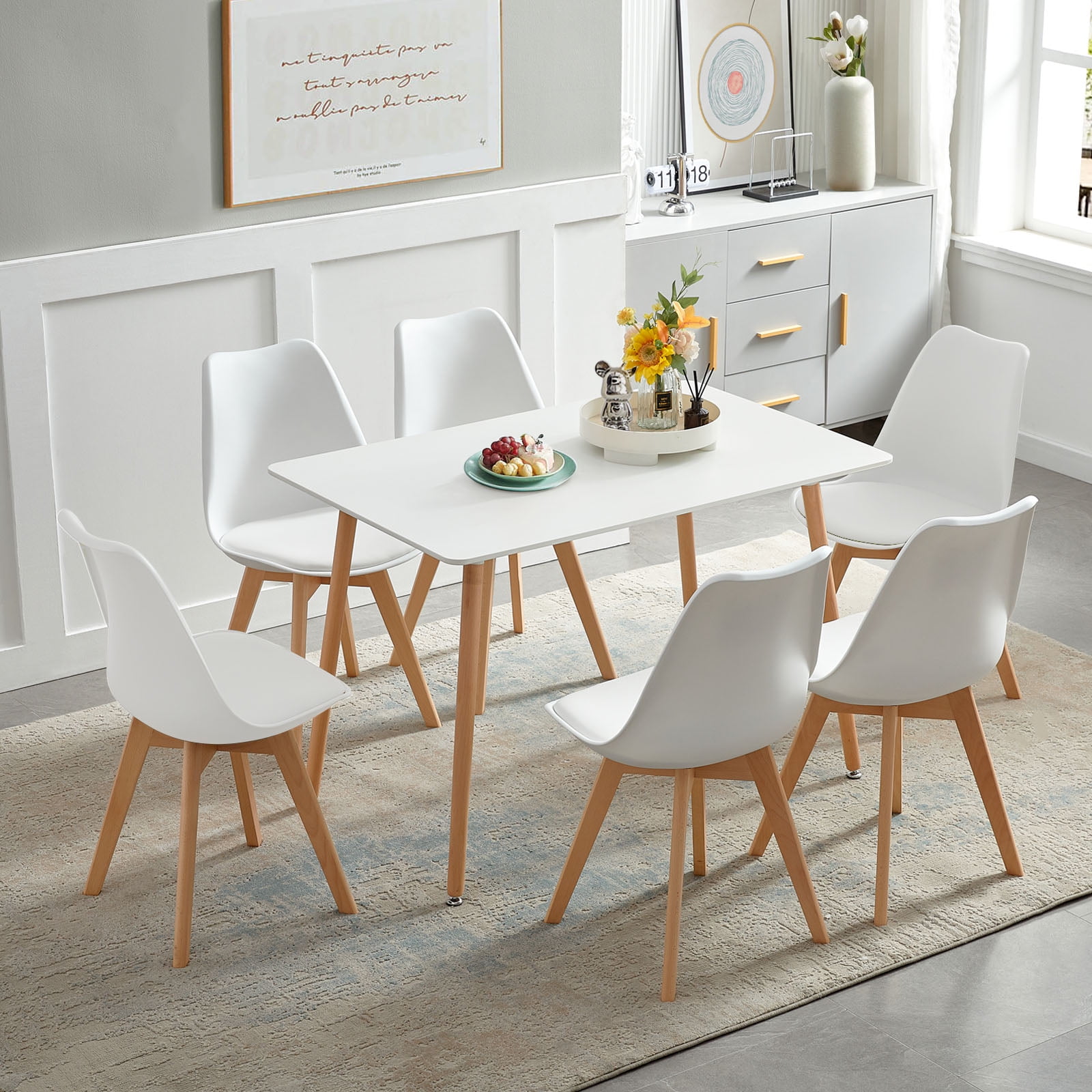 7-Piece White Kitchen Dining Table Set for Six, Includes 6 Chairs and 1 ...