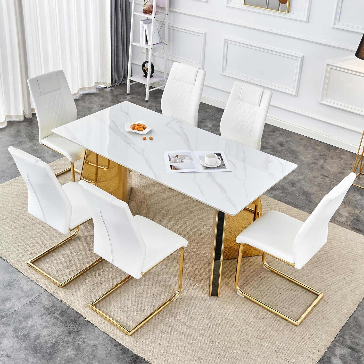 7 Pieces Dining Table Set,63" Marble Kitchen Room Table with 6 White ...