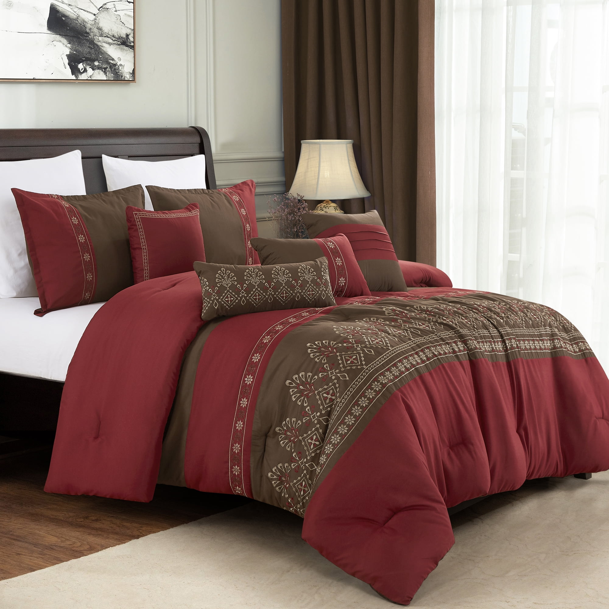 7-Pieces Esyllt Brown and Burgundy Comforter Set, Embroidery Bedding ...