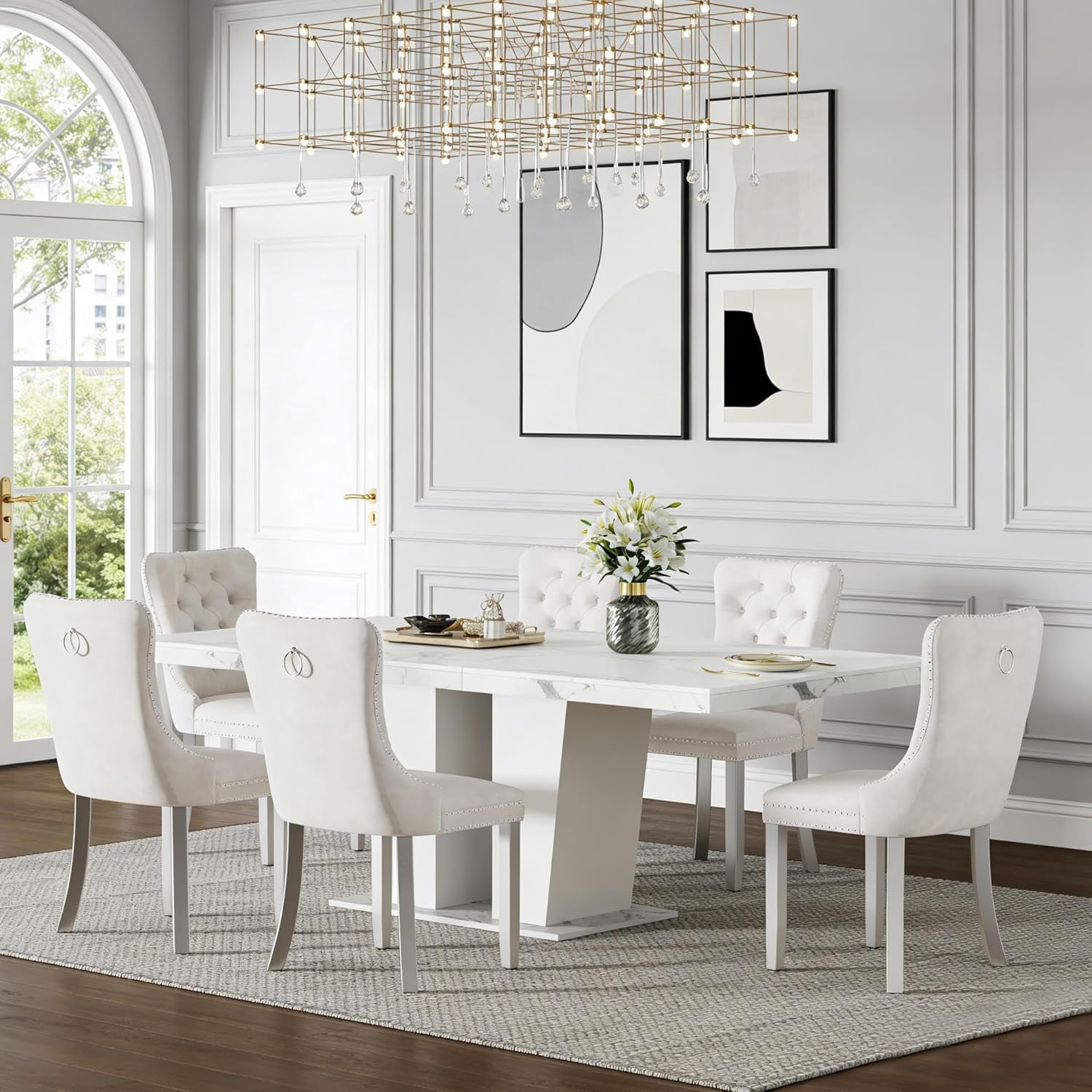 7 Pieces Faux Marble Dining Table Set for 6, 63"-79" Extendable Dining ...