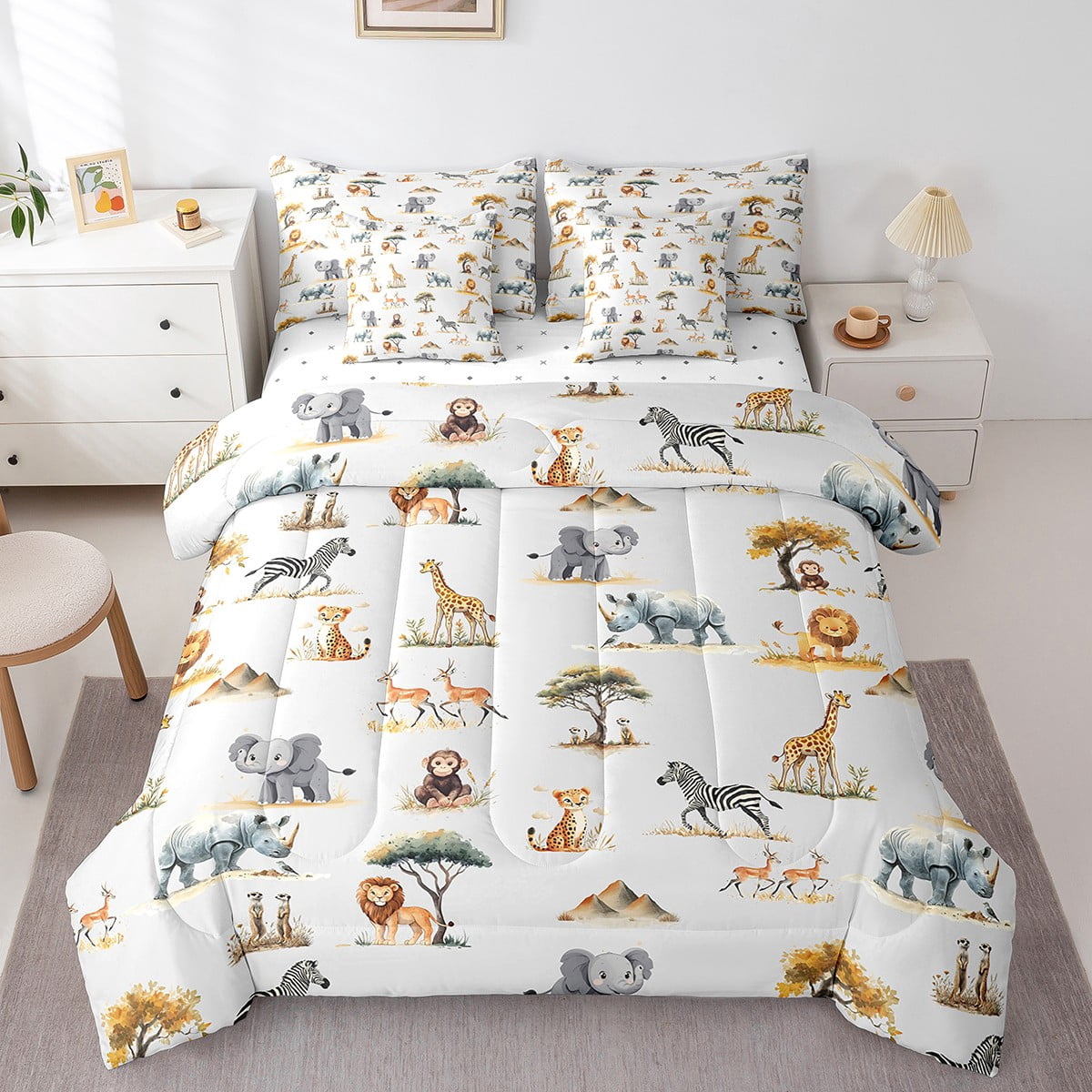 7 Pieces Full Size Animals Theme Comforter Set,Elephant Lion Cheetah ...