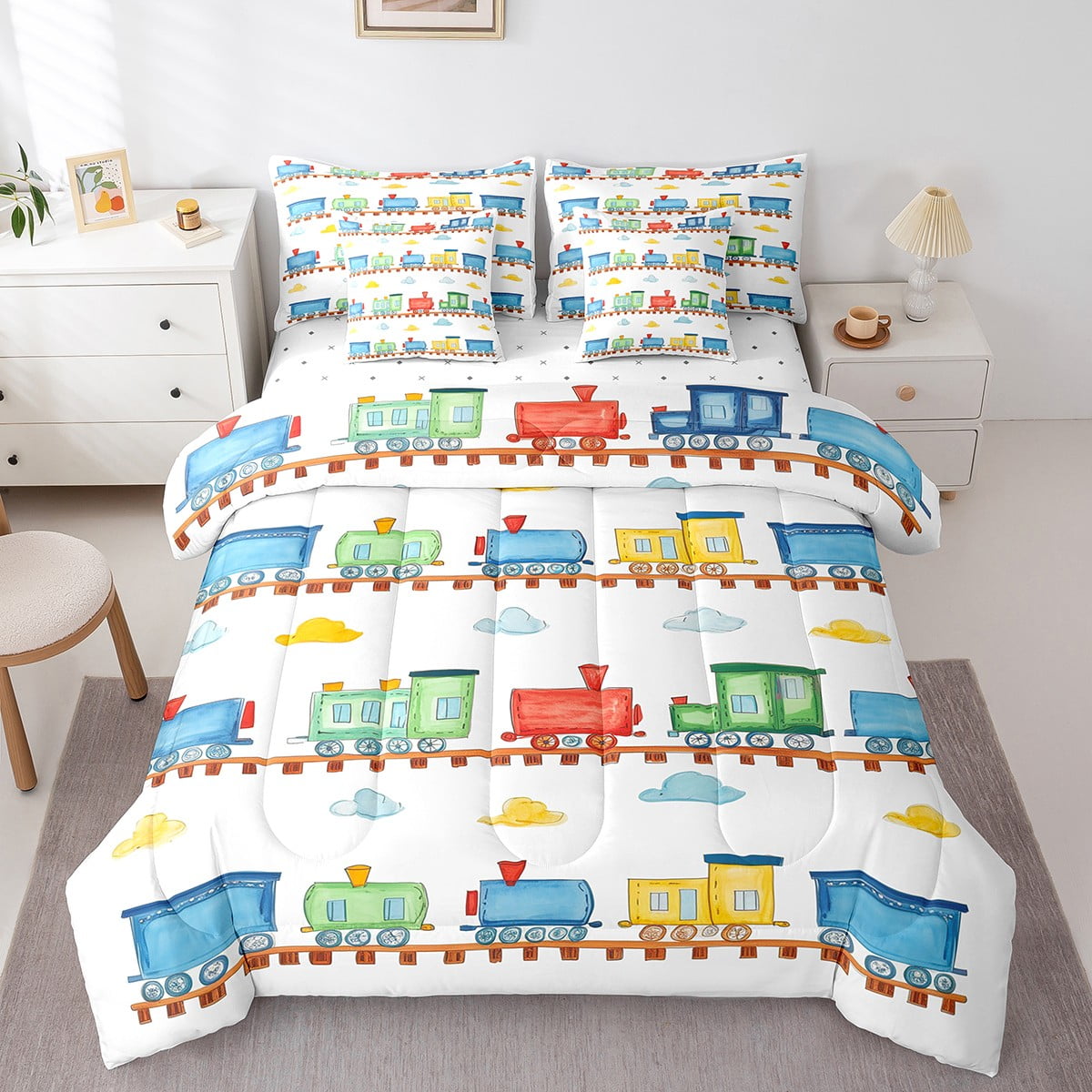 7 Pieces Full Size Cartoon Train Comforter Set,Steam Locomotive Train ...