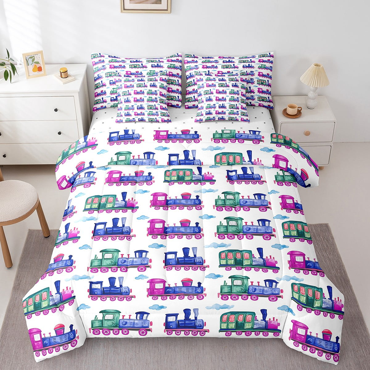 7 Pieces Full Size Cartoon Train Comforter Set,Steam Locomotive Train ...