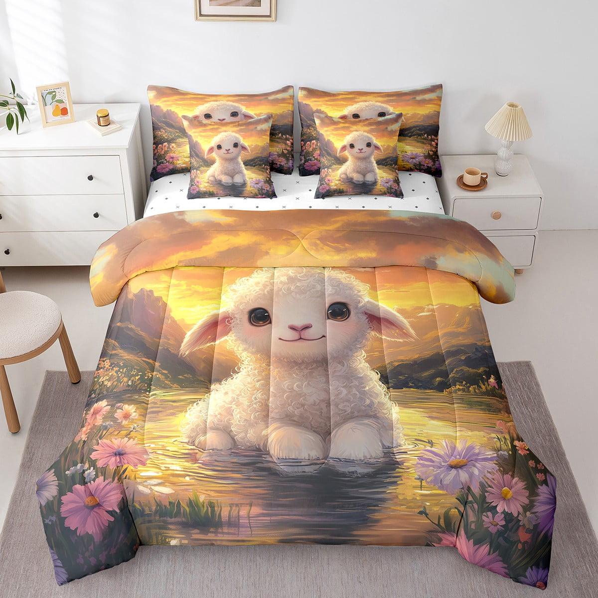 7 Pieces Full Size Cute Sheep Comforter Set,Daisy Flowers Mountain Lake ...