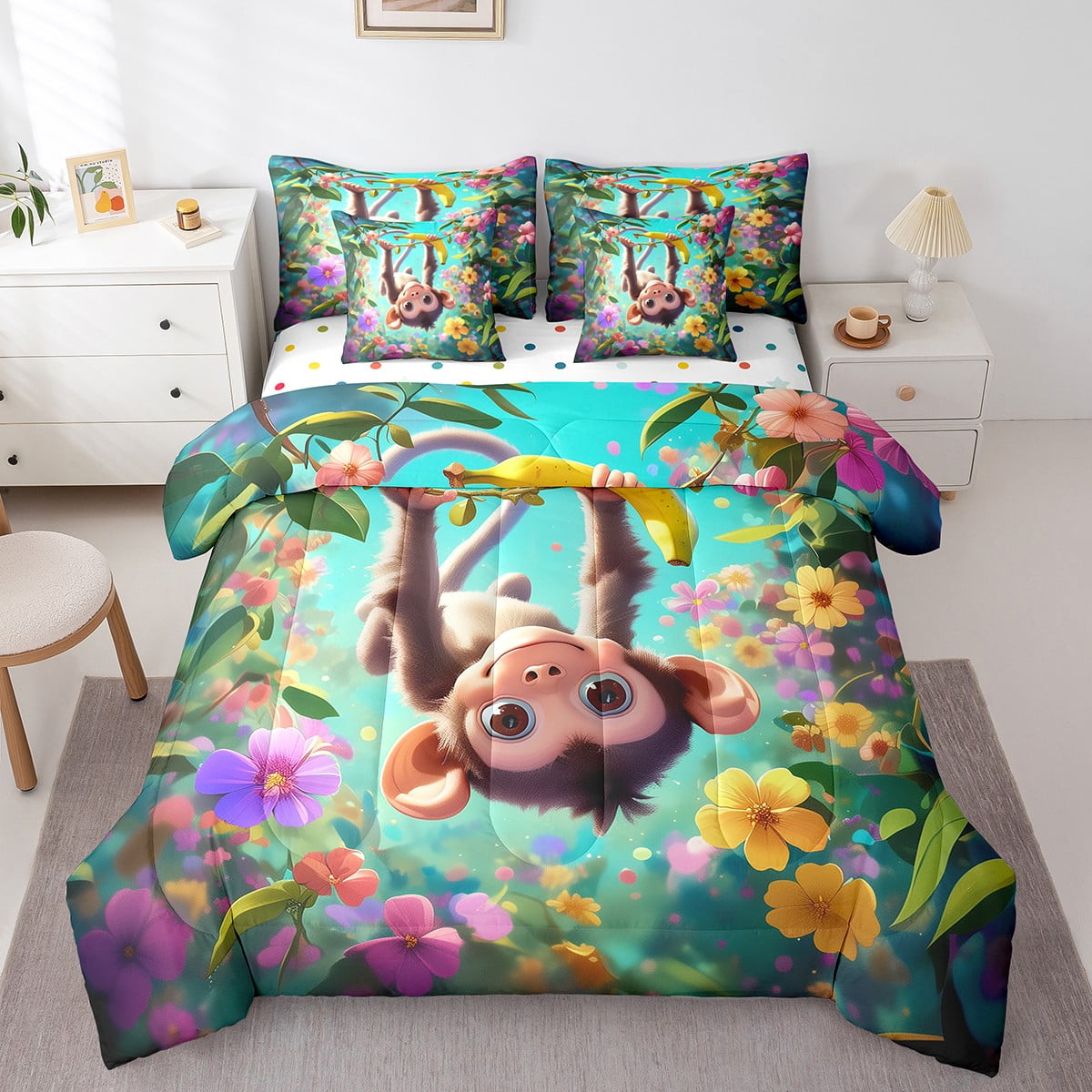 7 Pieces Full Size Funny Monkey Comforter Set,Tropical Jungle Flowers ...