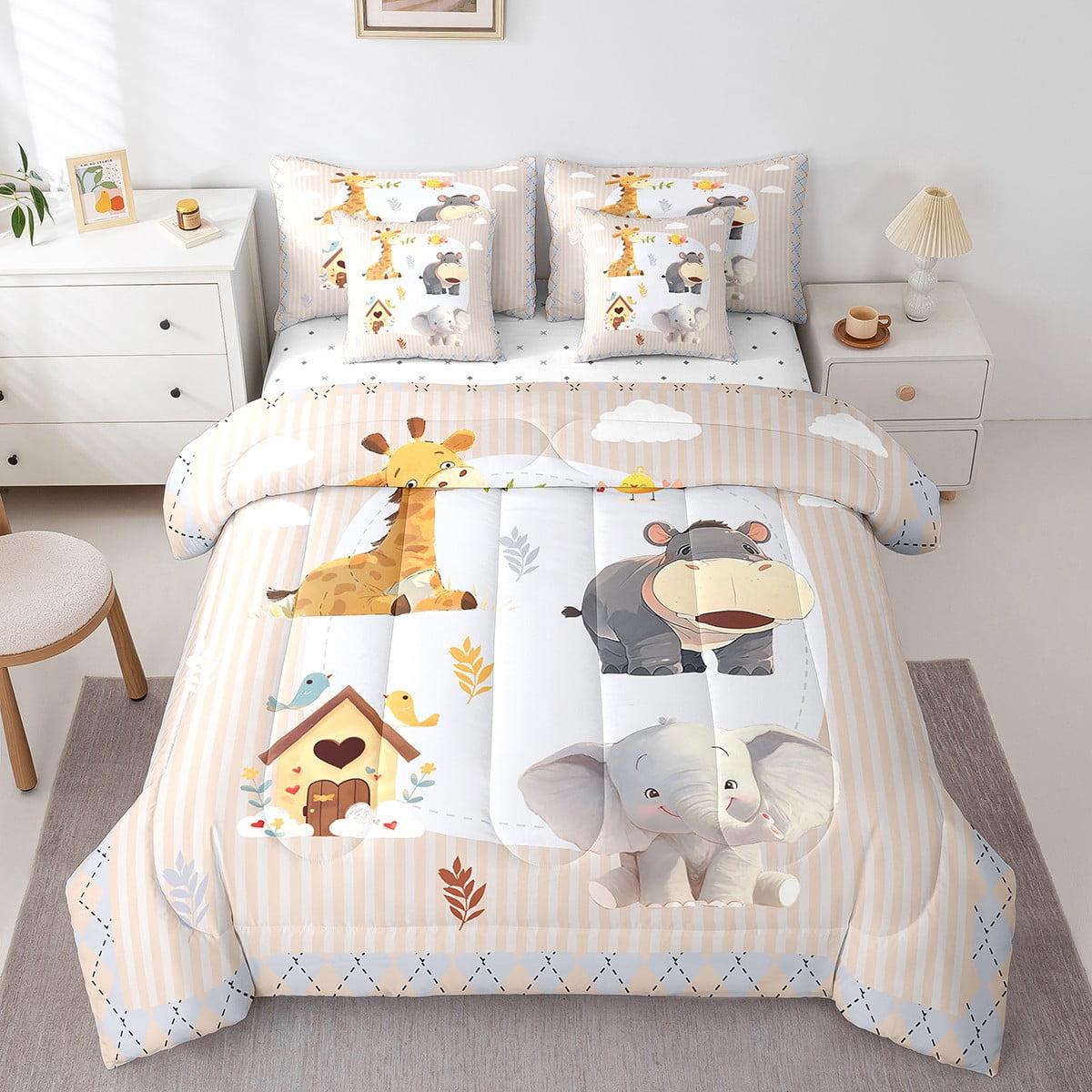 7 Pieces Full Size Kawaii Animals Comforter Set,Cartoon Elephant ...