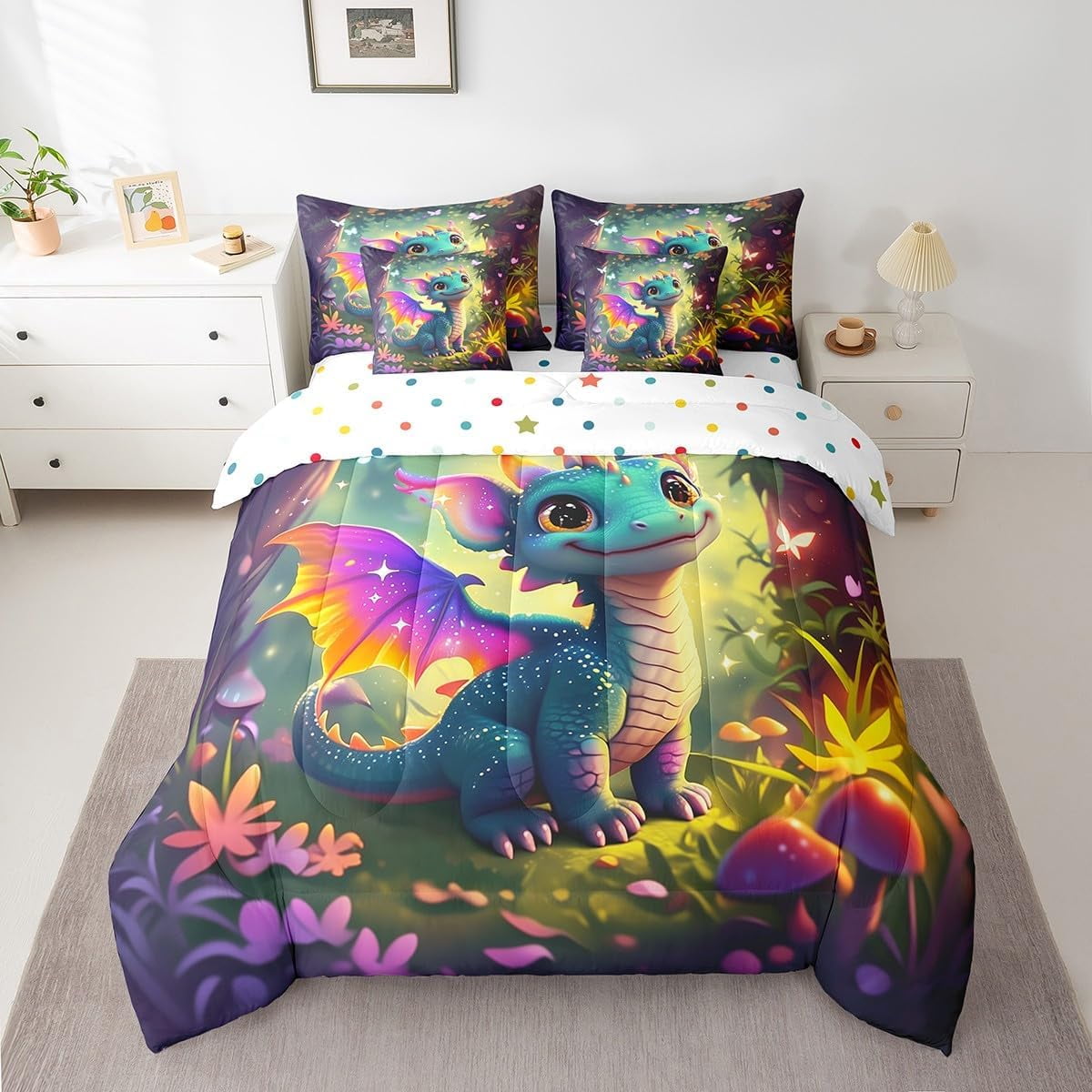 7 Pieces Full Size Kawaii Dragon Comforter Set, Fantasy Fairy Tale ...