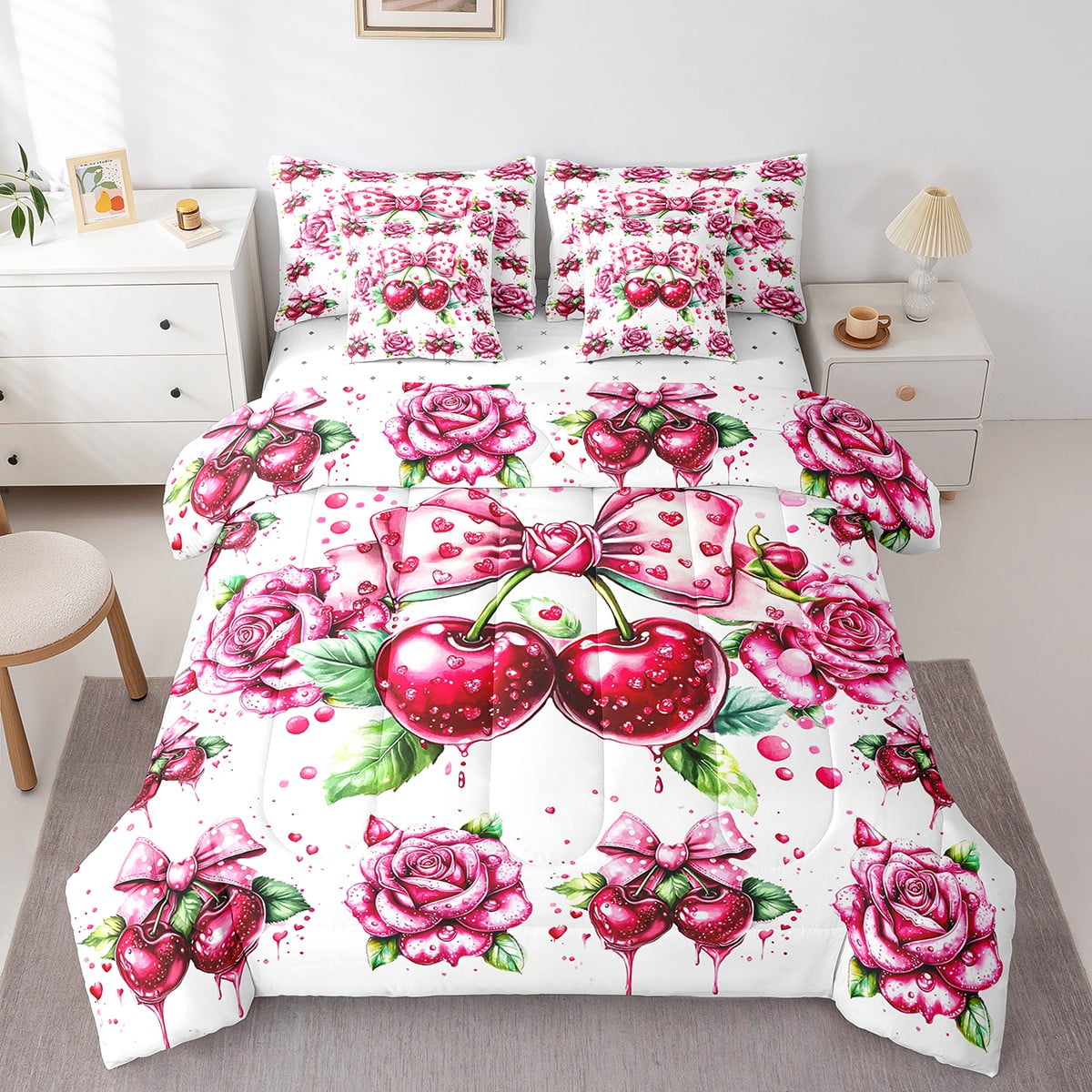 7 Pieces Full Size Pink Bowknot Comforter Set,Tie-dye Roses Flowers ...