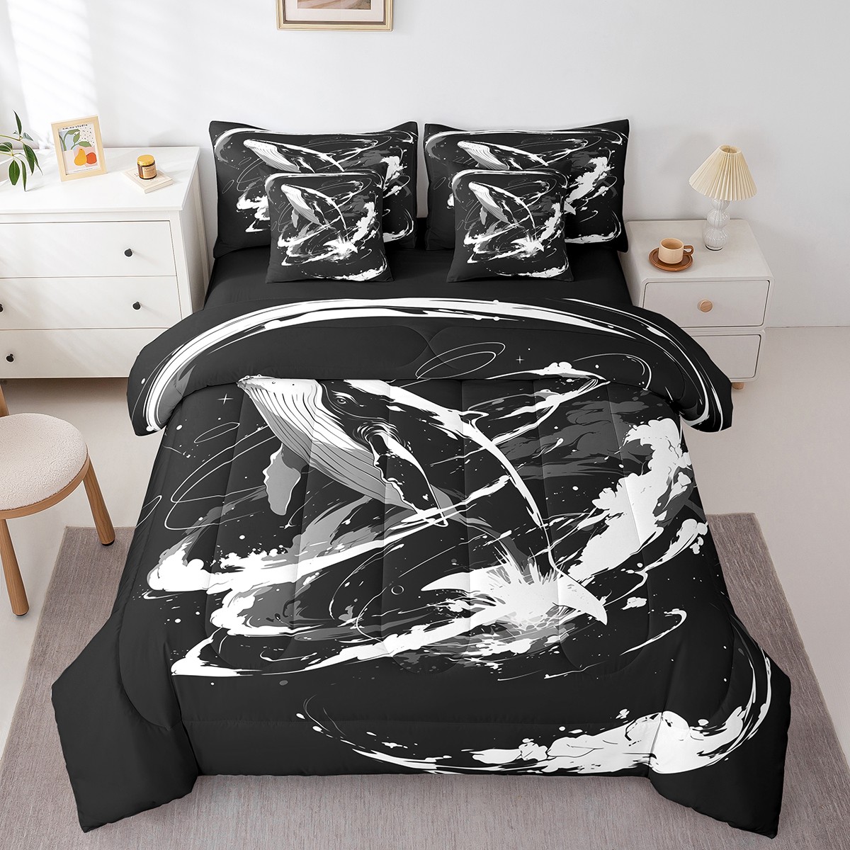 7 Pieces Full Size Whale Comforter Set,Hand Drawn Sketch Ocean Waves ...