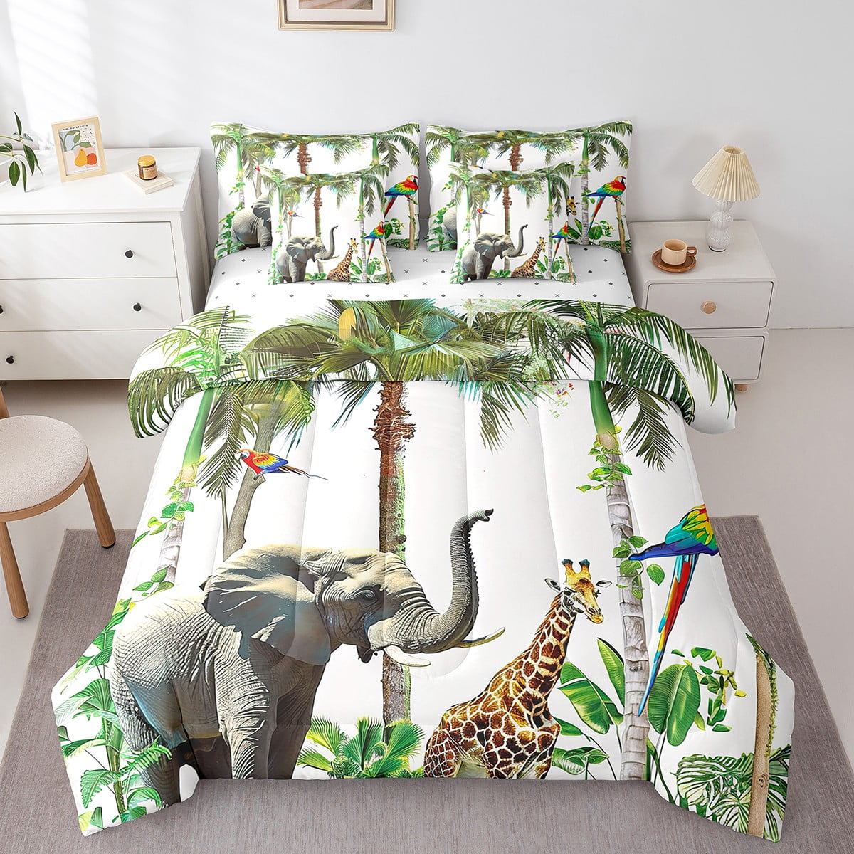7 Pieces Full Size Wild Animals Comforter Set,Elephant Giraffe Parrot ...