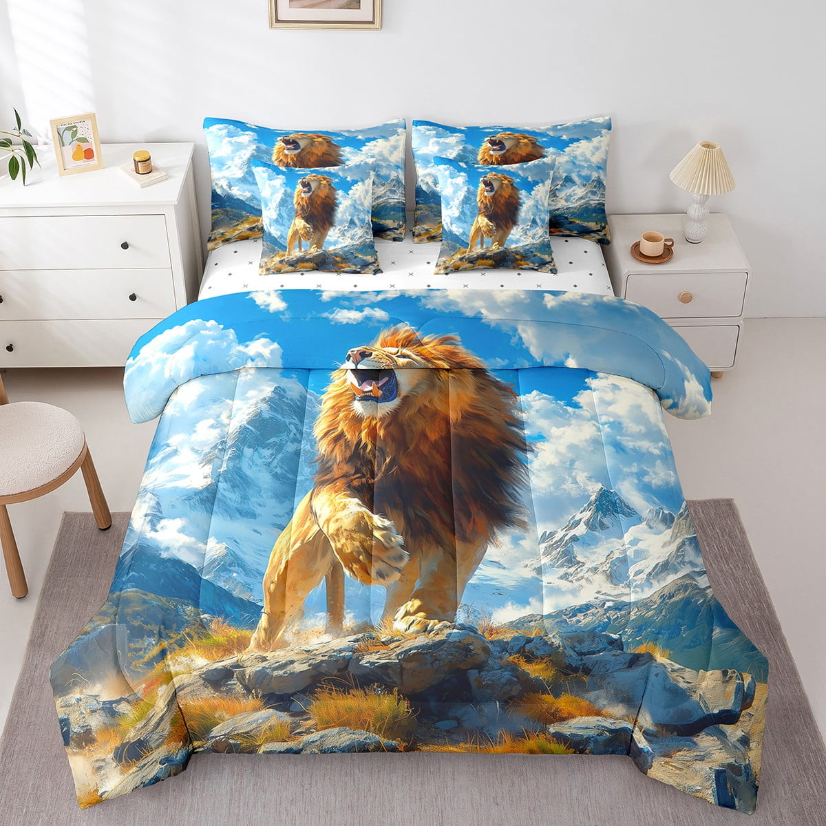 7 Pieces Full Size Wild Lion Comforter Set,Snowy Mountain Natural ...