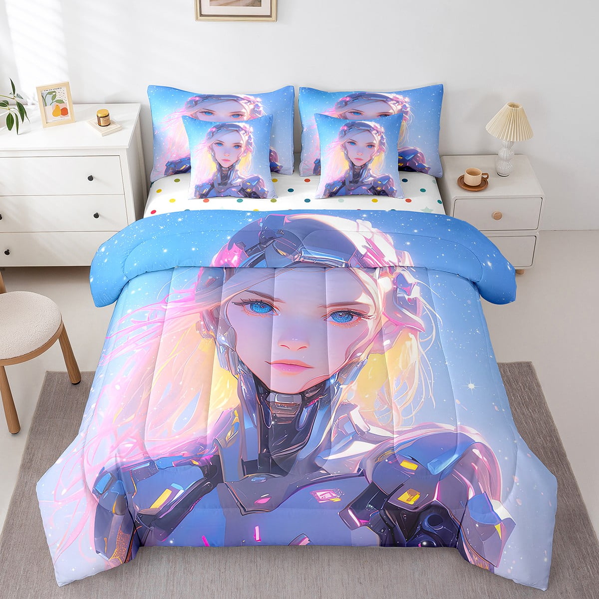 7 Pieces Future Surrealism Girl Bedding Anime Robot Comforter Set Queen ...