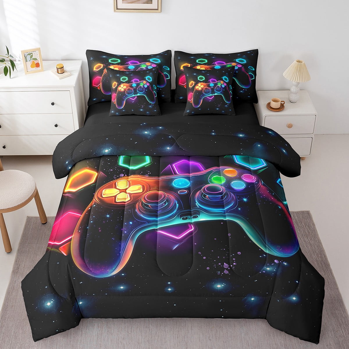 7 Pieces Gaming Bedding Set Full Size,Space Glow Geometry Room Decor ...