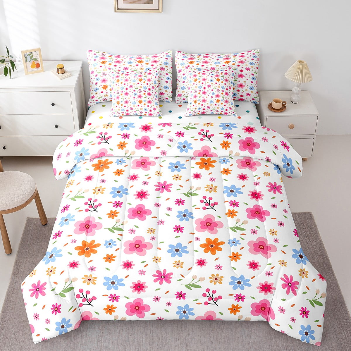 7 Pieces Pink Floral Twin Size Comforter Set Blue Orange Flower Bedding ...
