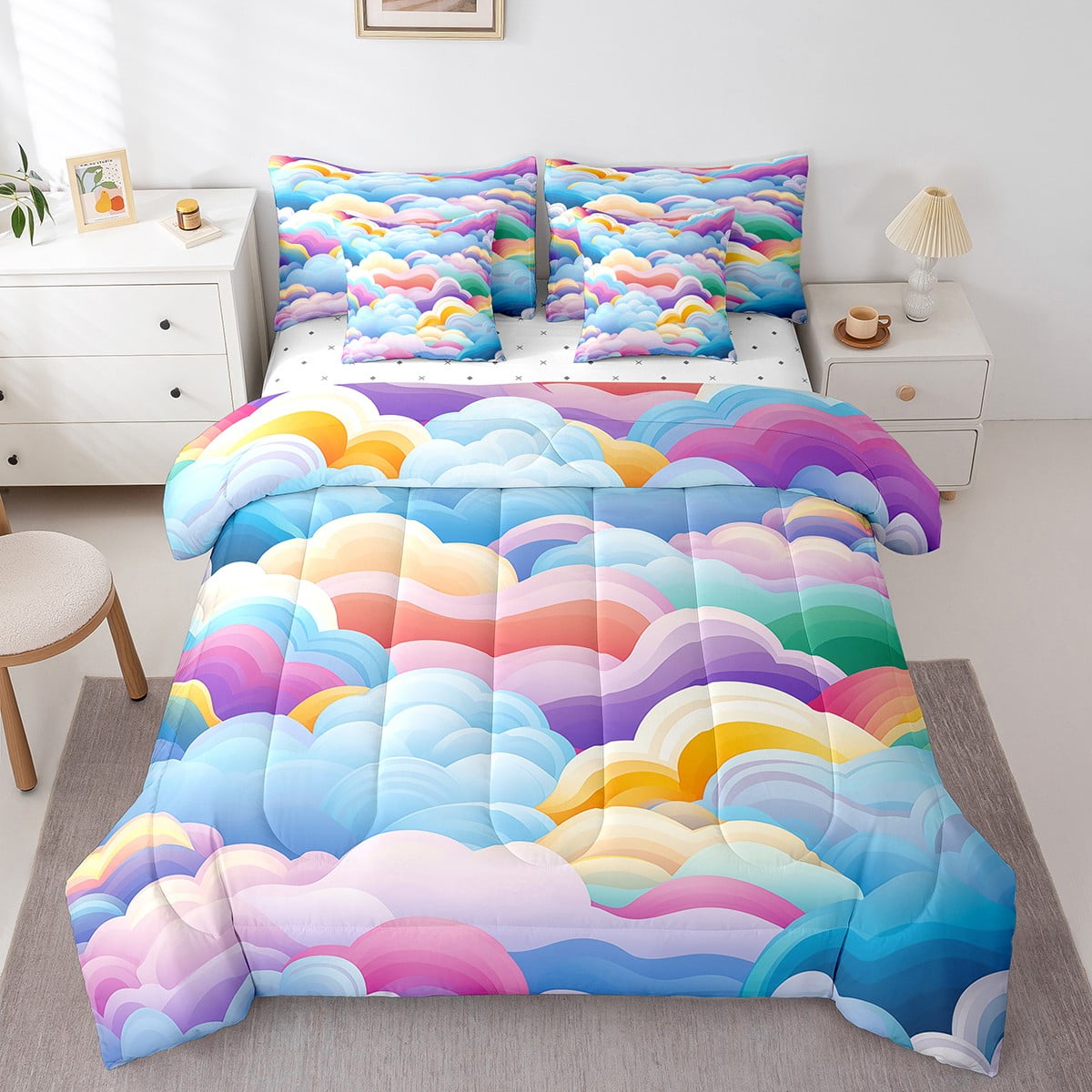 7 Pieces Girls Rainbow Bed Sets Full Cute Cartoon Cloud Comforter And ...
