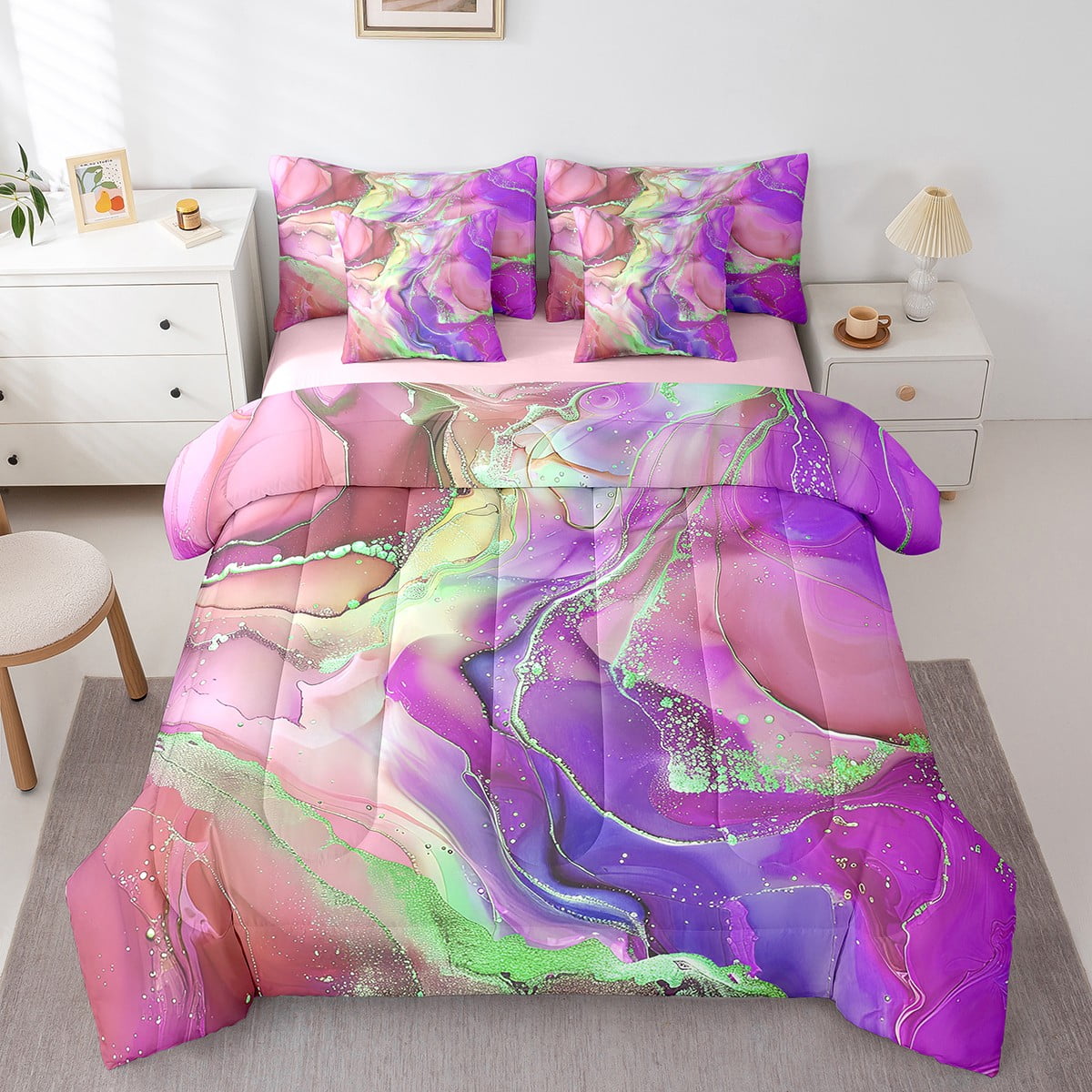 7 Pieces Girly Pink and Purple Bedding Comforter Sets Aesthetic Marble ...