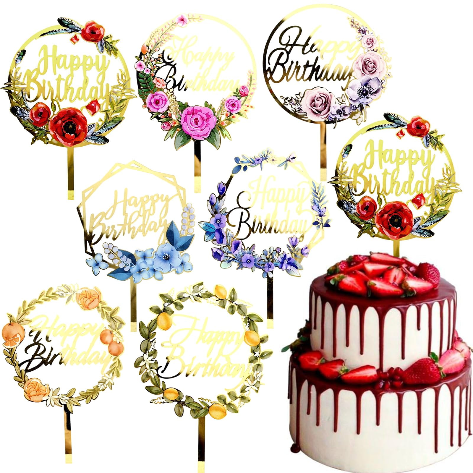 7 Pieces Gold FEV6 Flower Acrylic Happy Birthday Cake Topper Cake ...
