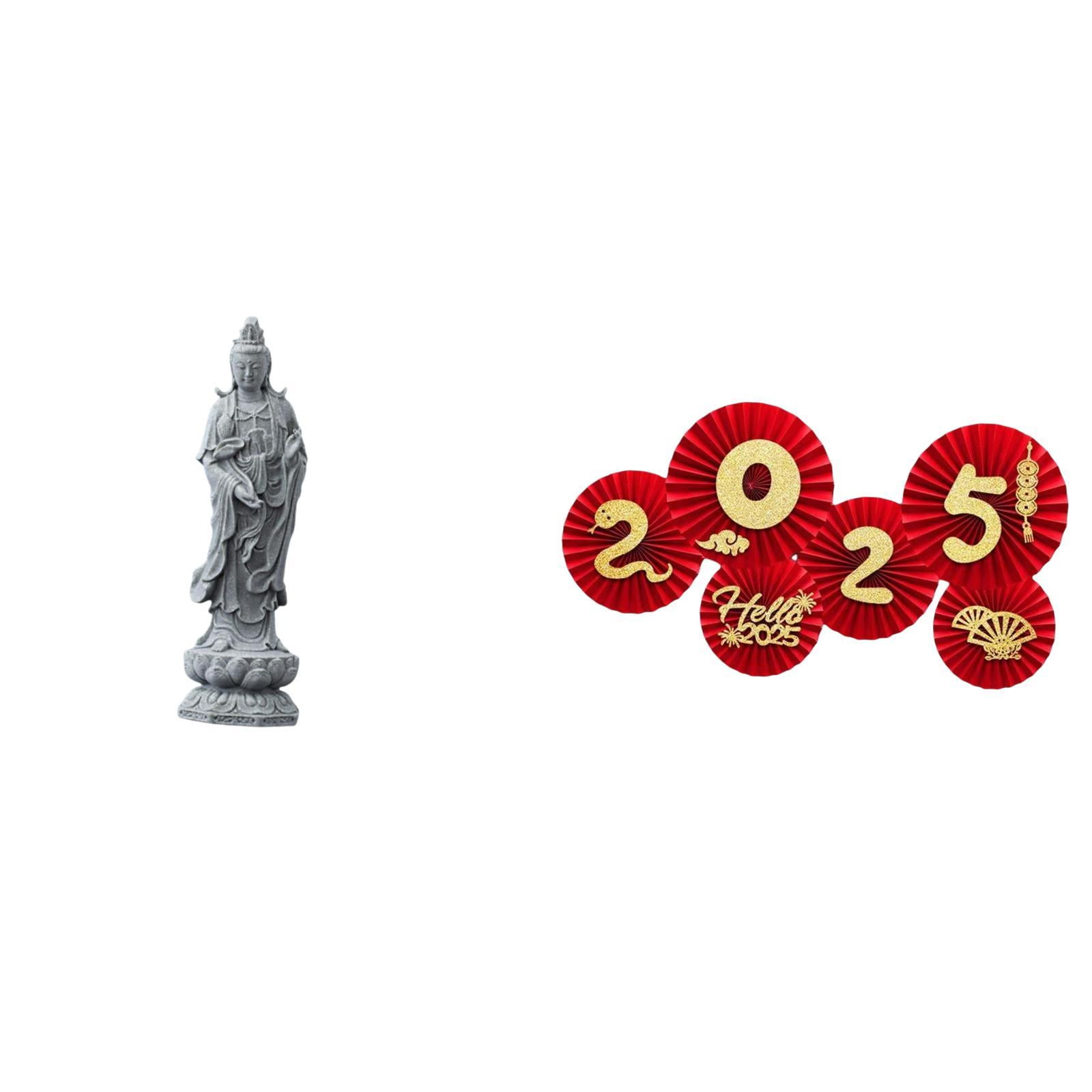 7 Pieces Guan Yin Statue Folding Paper Fans Traditional Sculpture Stone ...