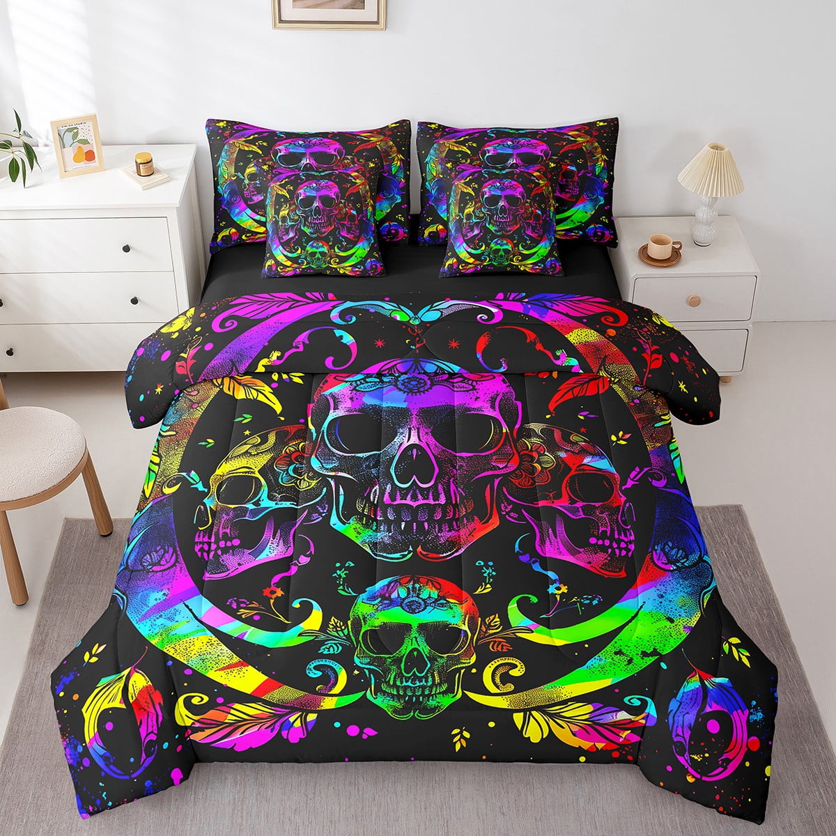 7 Pieces Hippie Sugar Skull Bedding Full Size Halloween Theme Comforter ...