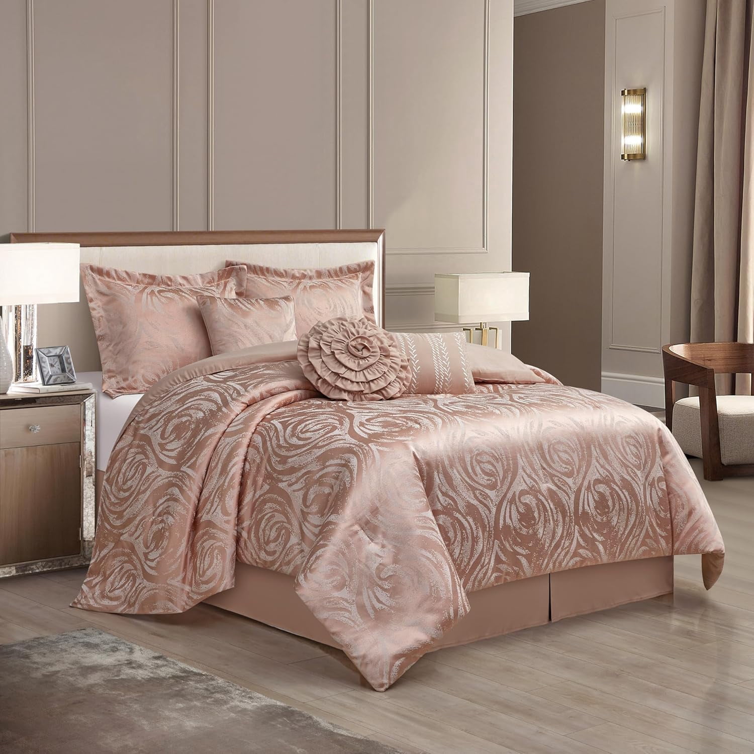 7 Pieces Jacquard King Comforter Set - Blush Floral Design, All Season ...