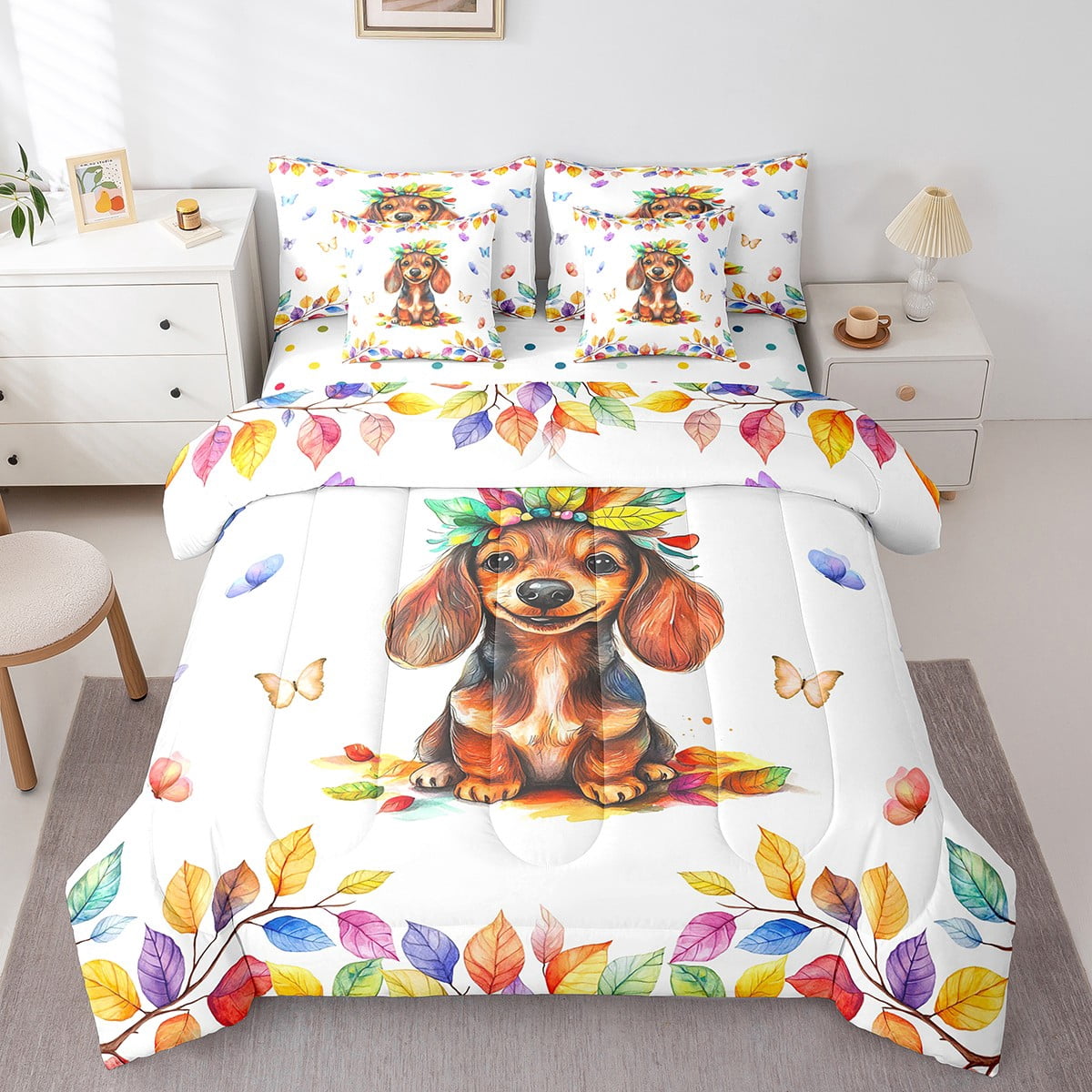 7 Pieces Kawaii Dachshund Full Comforter Set Cartoon Animal Dog Bedding ...