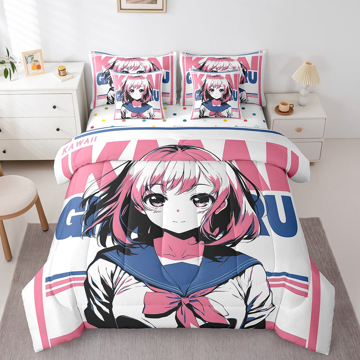 7 Pieces Kawaii Japanese Girl Comforter Set Cartoon Anime Girl Bedding ...
