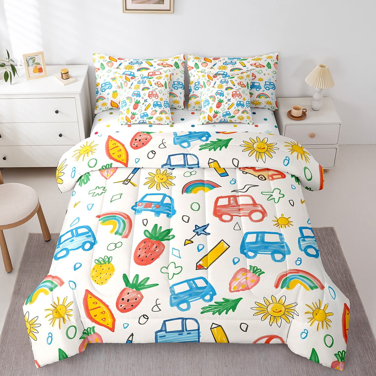 7 Pieces King Size Cartoon Car Comforter Set,Hand Drawn Crayon Drawing ...
