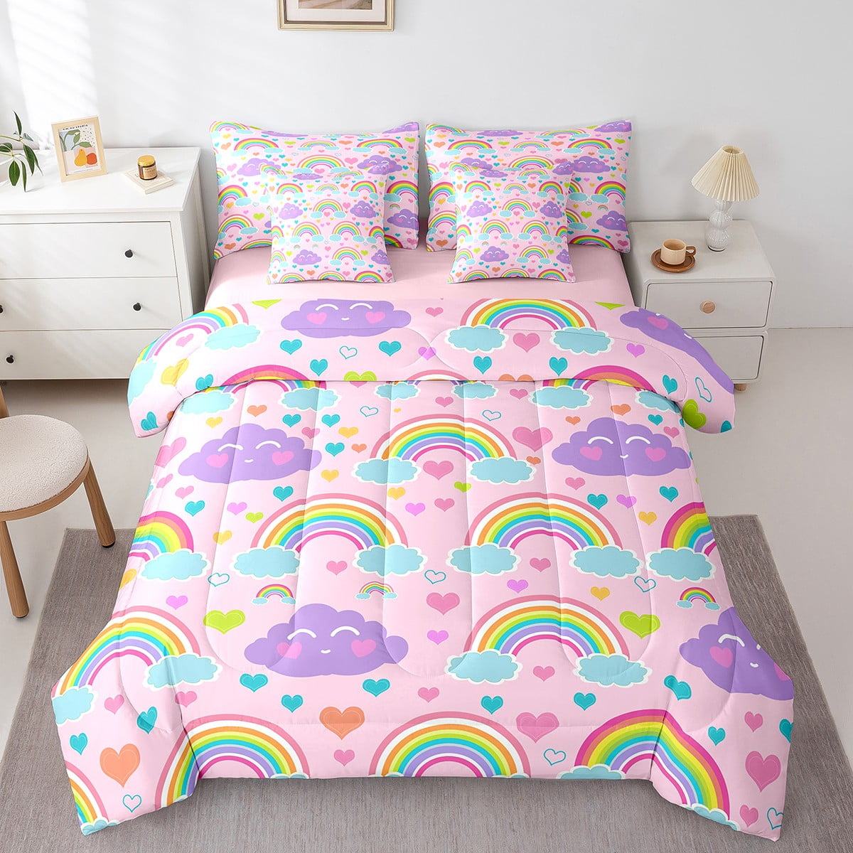 7 Pieces King Size Cartoon Rainbow Comforter Set,Kawaii Clouds Love ...