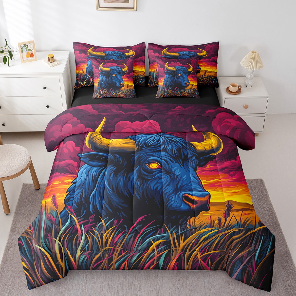 7 Pieces King Size Cattle Comforter Set,Dark Clouds Wild Field Rustic ...