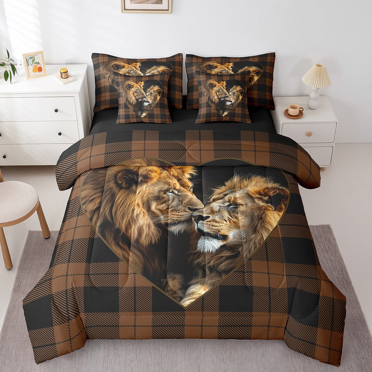 7 Pieces King Size Couple Lion Comforter Set,Geometry Grids Bedding Set ...