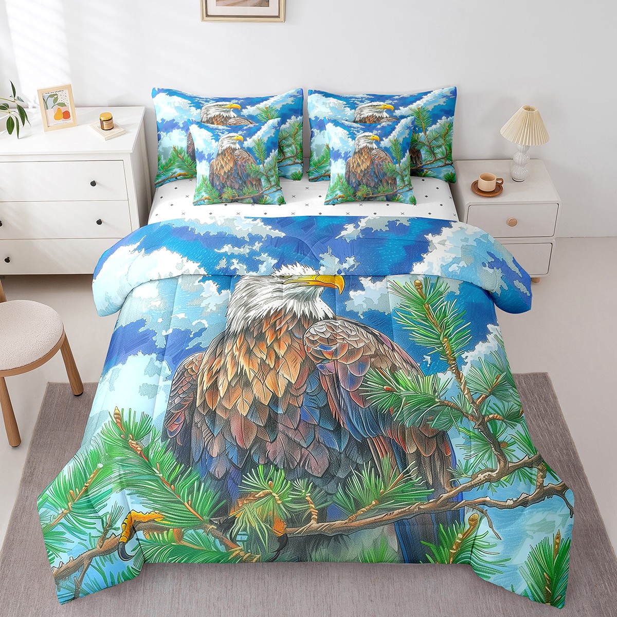 7 Pieces King Size Eagle Comforter Set,Pine Leaves Tree Branch Bedding ...