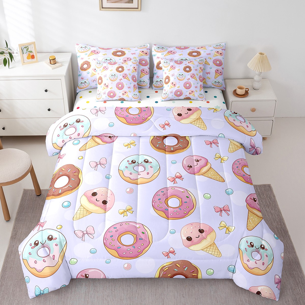 7 Pieces King Size Lovely Ice Cream Comforter Set,Sweet Donut Dessert ...