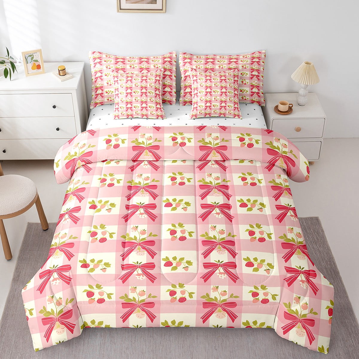 7 Pieces King Size Red Bowknot Comforter Set,Sweet Strawberry Fruit ...