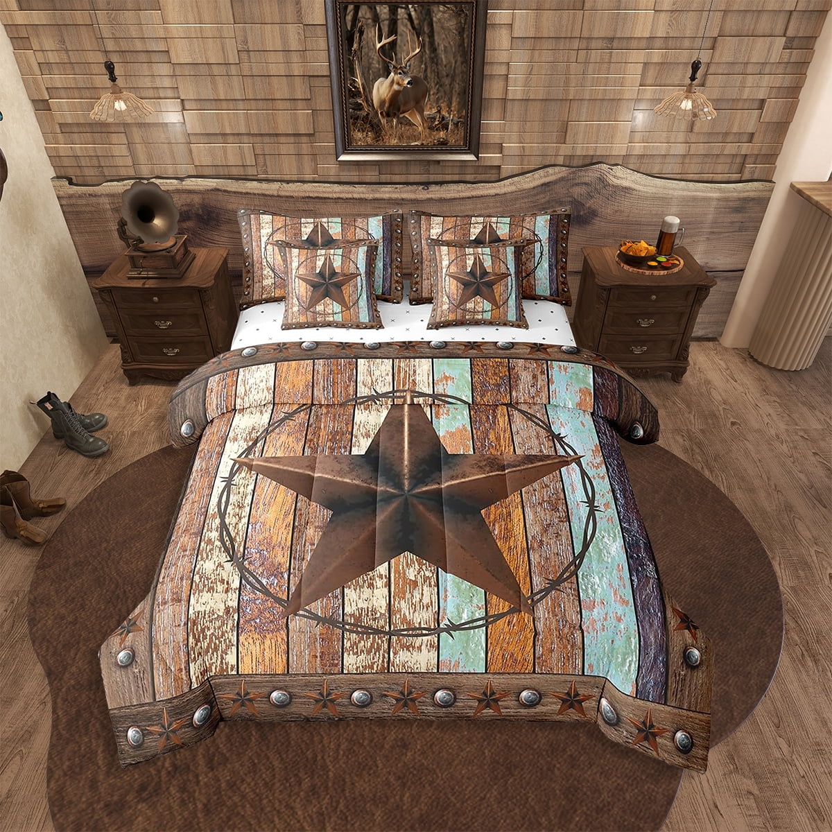 7 Pieces King Size Western Texas Star Comforter Set,Vintage Wooden ...