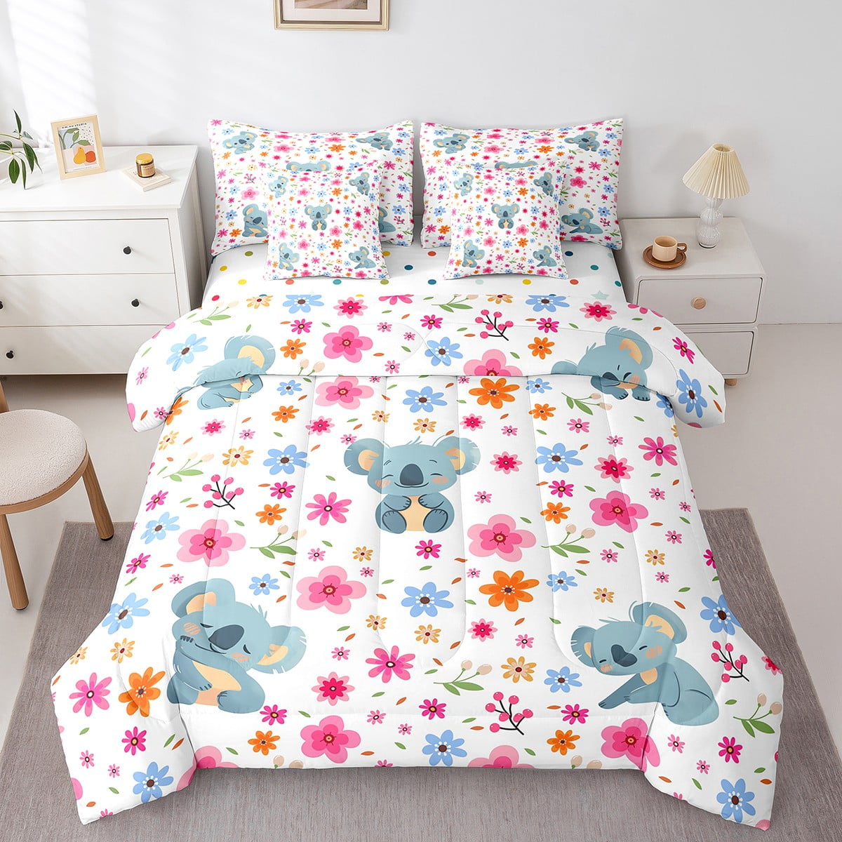 7 Pieces Koala Twin Comforter Set Pink Flower Floral Bedding Comforter Sets, Colorful Polka Dots ...